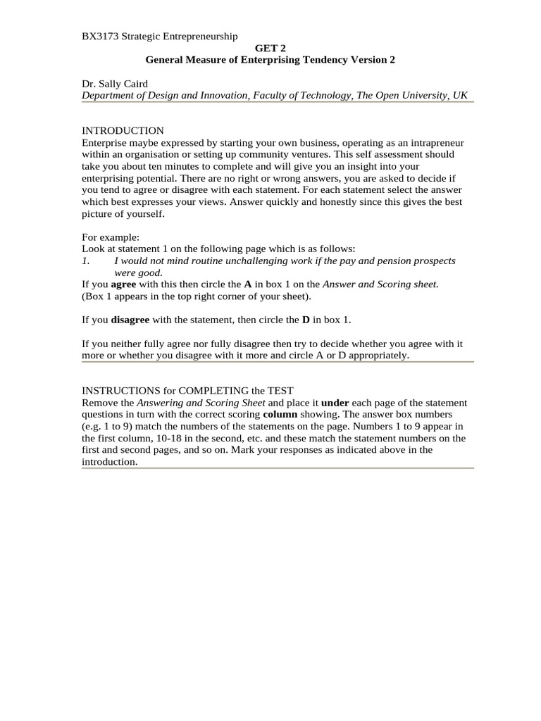 GET 2 Questionnaire | PDF | Entrepreneurship | Luck