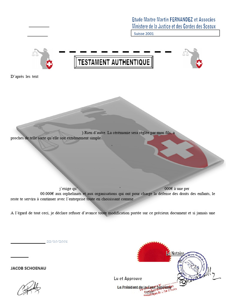 Testament de Jacob Schoenau en Suisse | PDF | Suisse | Constitution