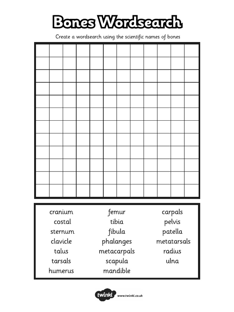 Bones Wordsearch Black and White | PDF