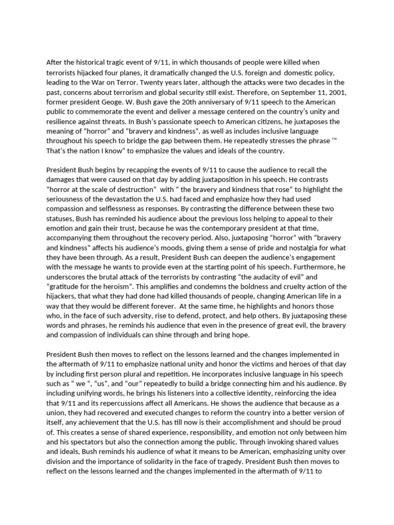 Rhetorical Essay The 20th Anniversary of 9/11 Speech | PDF | September ...