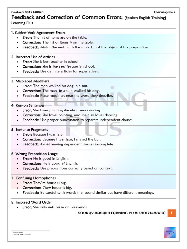Feedback and Correction of Common Errors (Spoken English Training ...