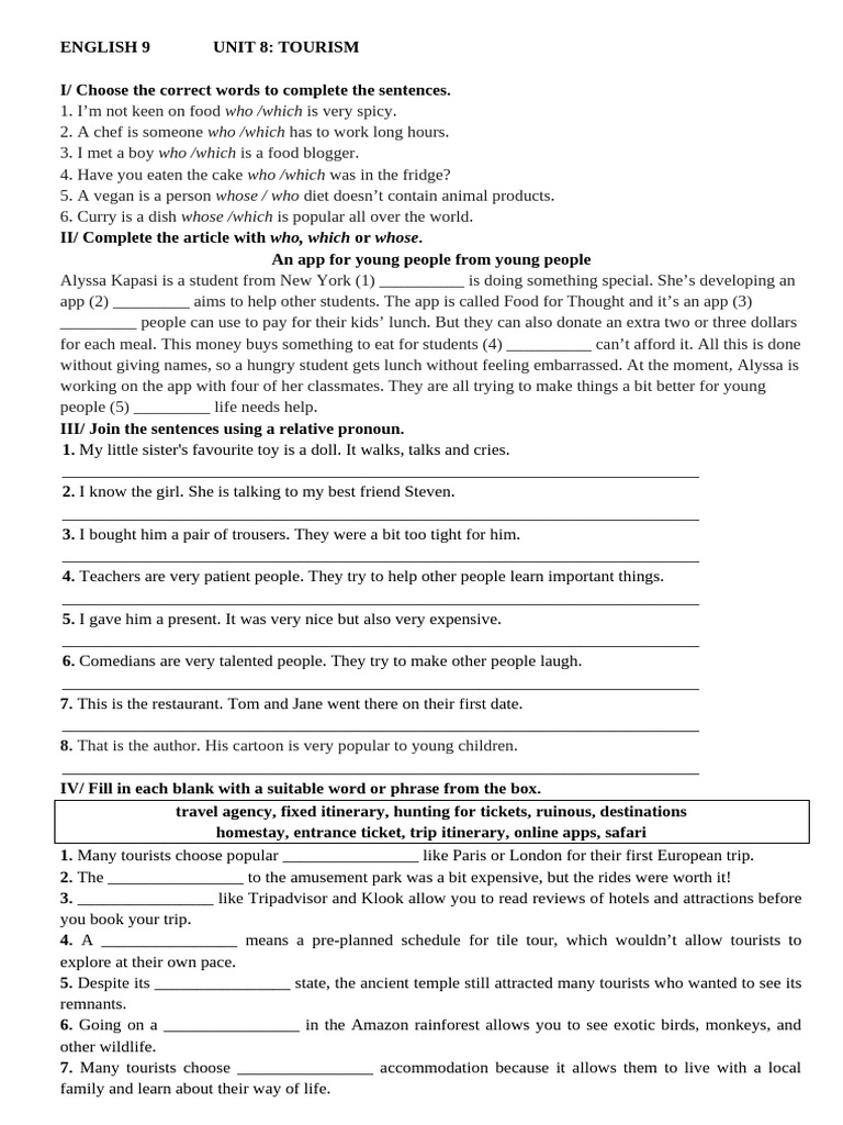 GRADE 9–UNIT 8 EXERCISE | PDF | Tourism | Natural Environment