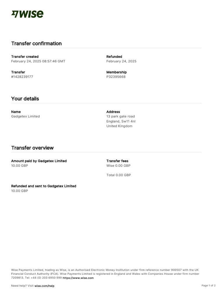 Wise Payments Transfer Confirmation | PDF | Wire Transfer | Service ...