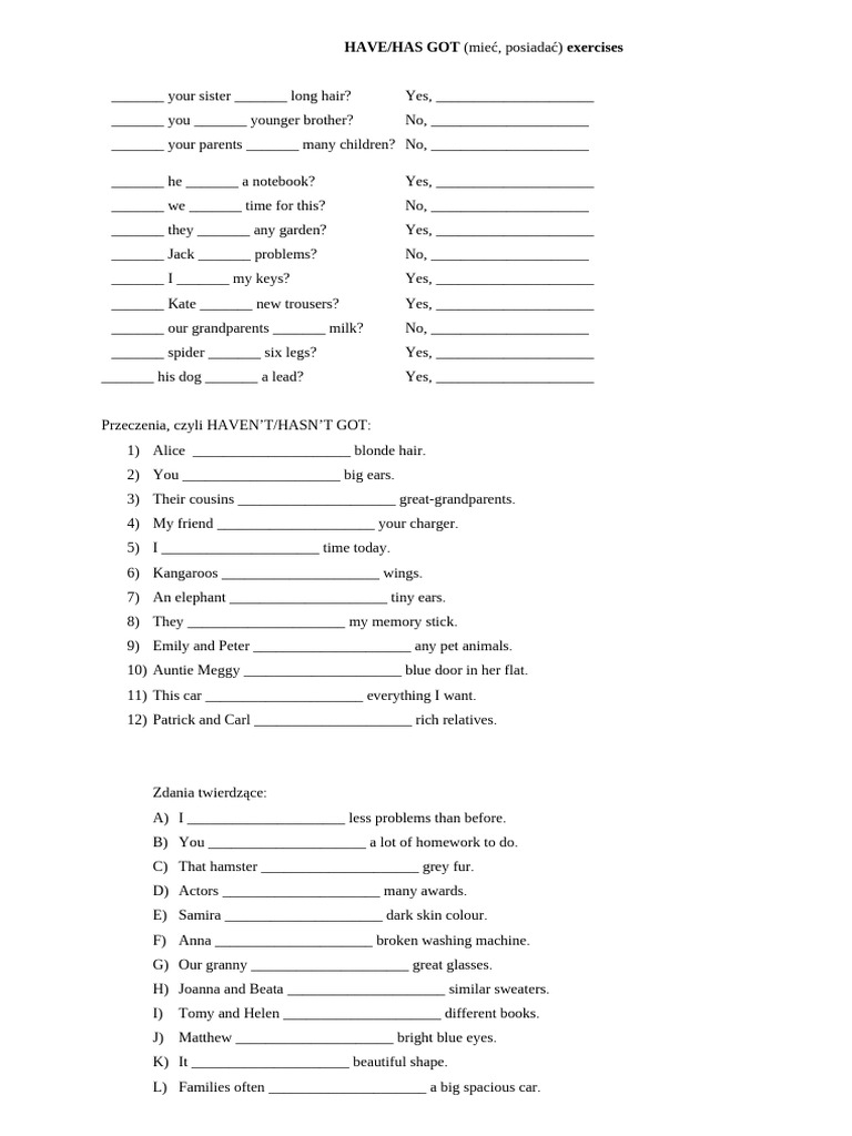 Have Got, Has Got (Zdania, Krótkie Pytania) | PDF