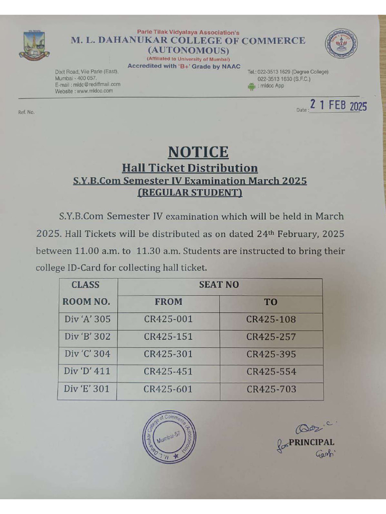 SYBCOM SEM IV Hall Ticket Notice | PDF
