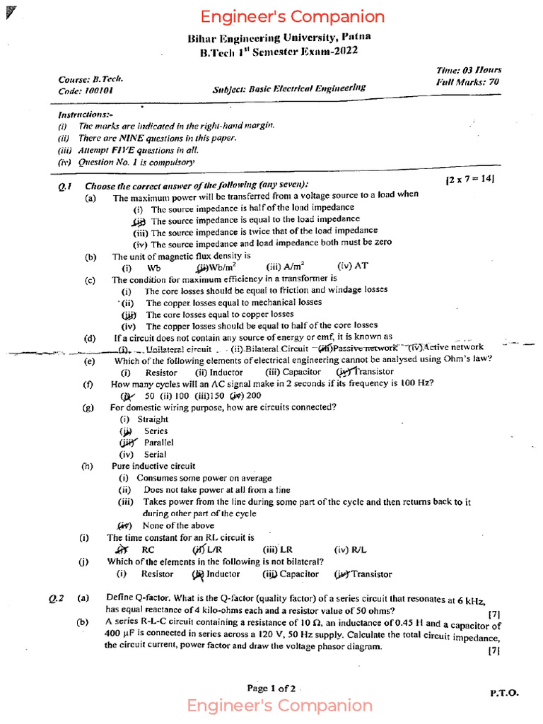 BEE 2022 (1st Sem) QP | PDF