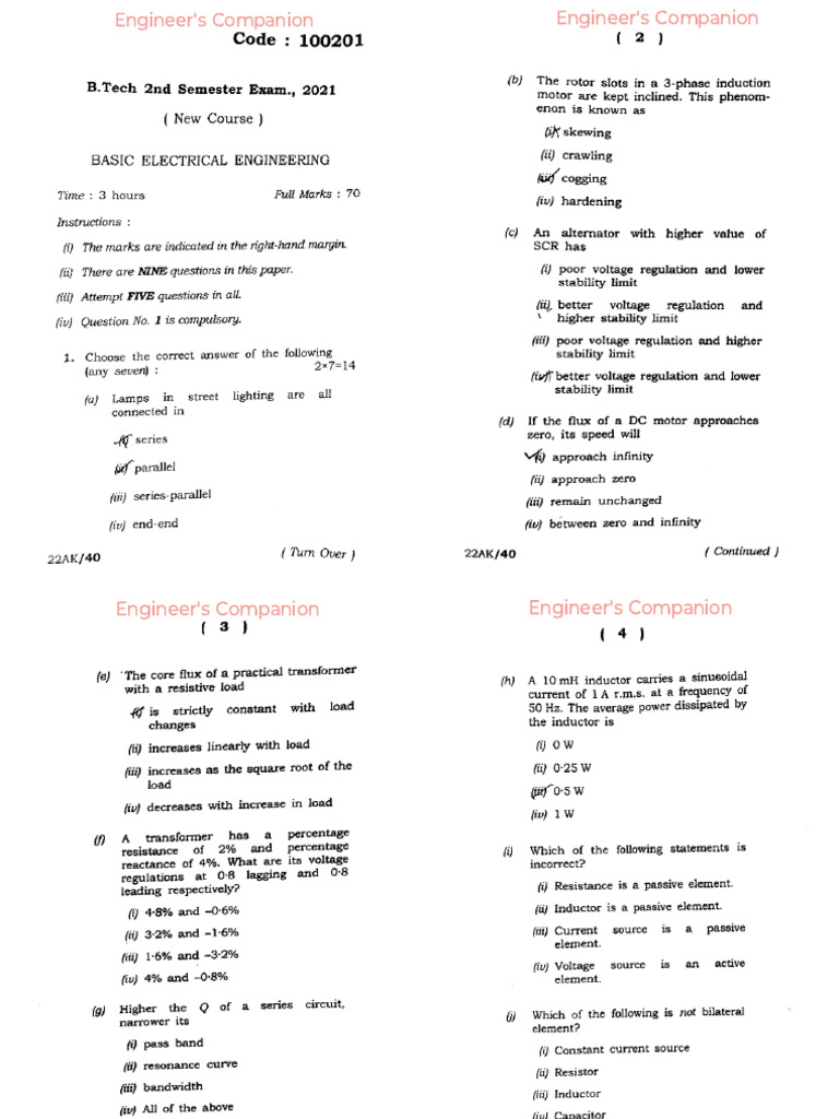 BEE 2021 (2nd Sem) QP | PDF