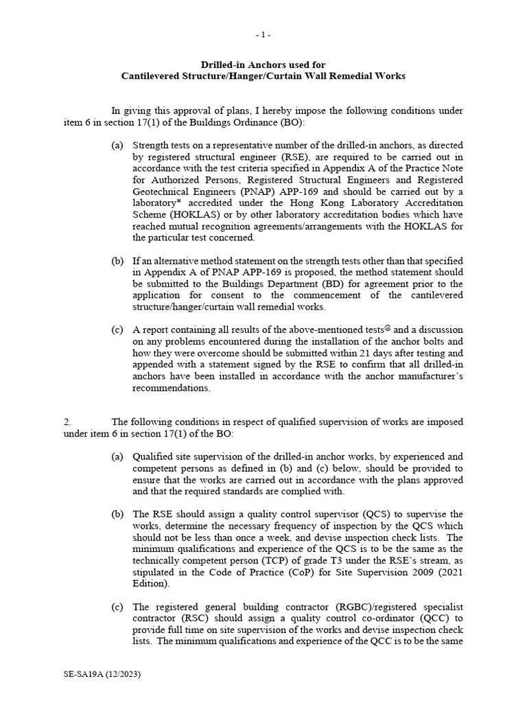 Drilled-In Anchors Used For Cantilevered Structure/Hanger/Curtain Wall Remedial Works | PDF