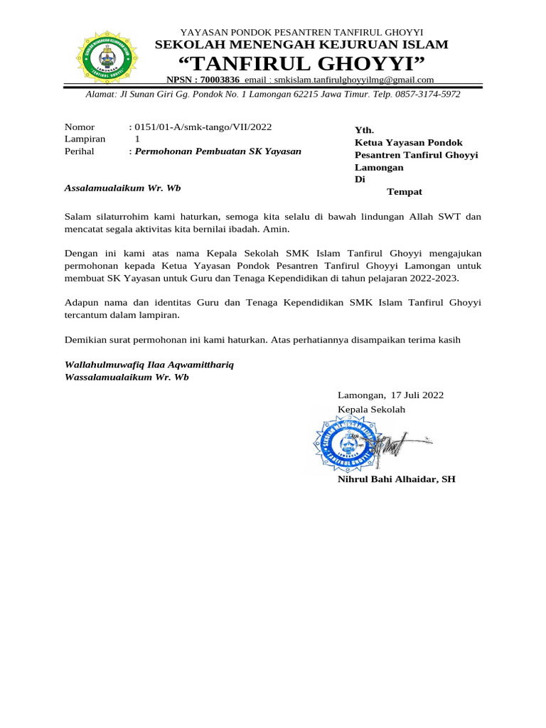 Surat Permohonan Pengajuan SK Ke Yayasan - Compress | PDF