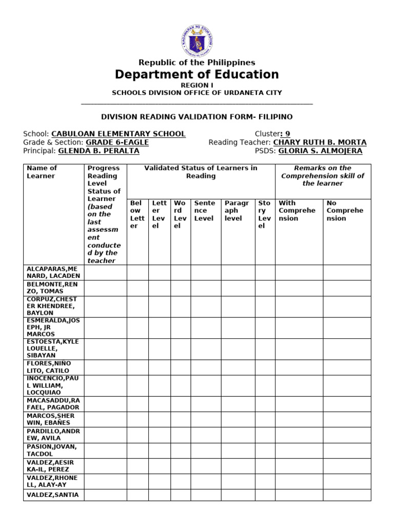 Reading Validation Form | PDF