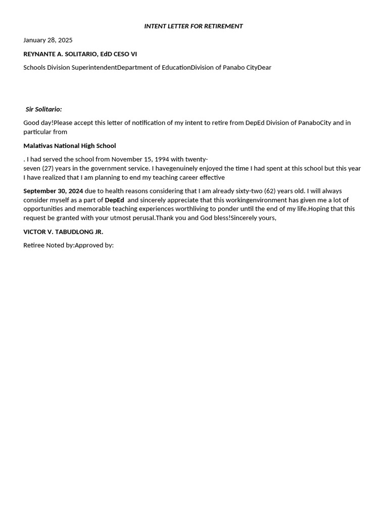 Intent to Retire Letters for Educators | PDF