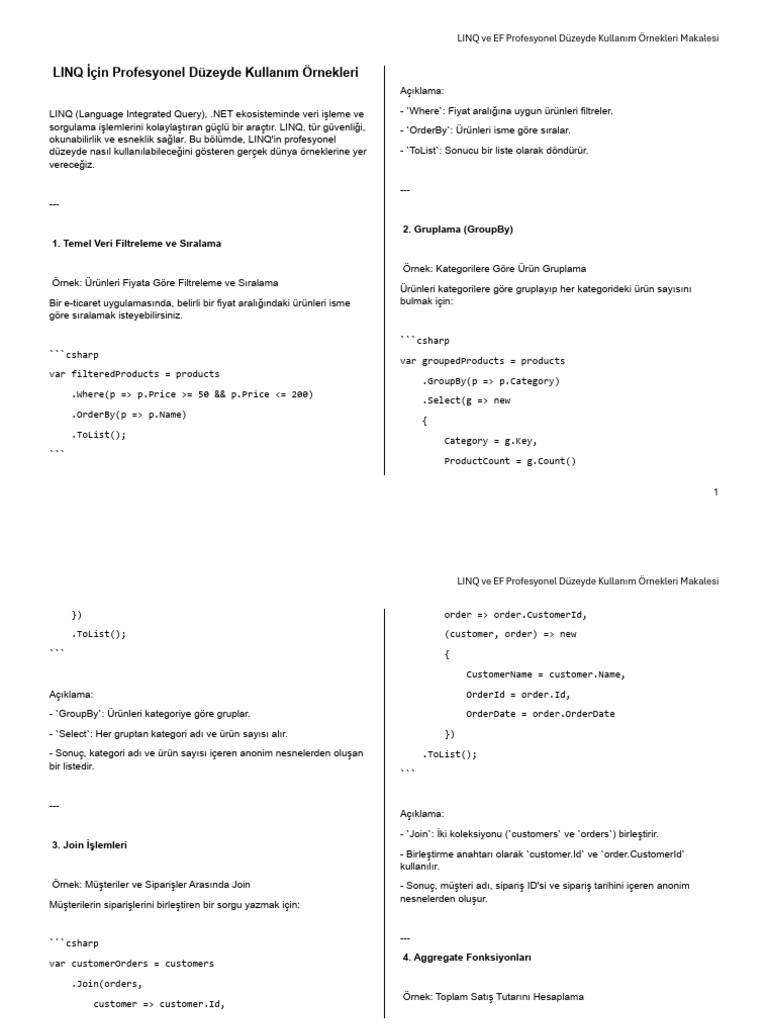 LINQ Ve EF Profesyonel Düzeyde Kullanım Örnekleri Makalesi | PDF