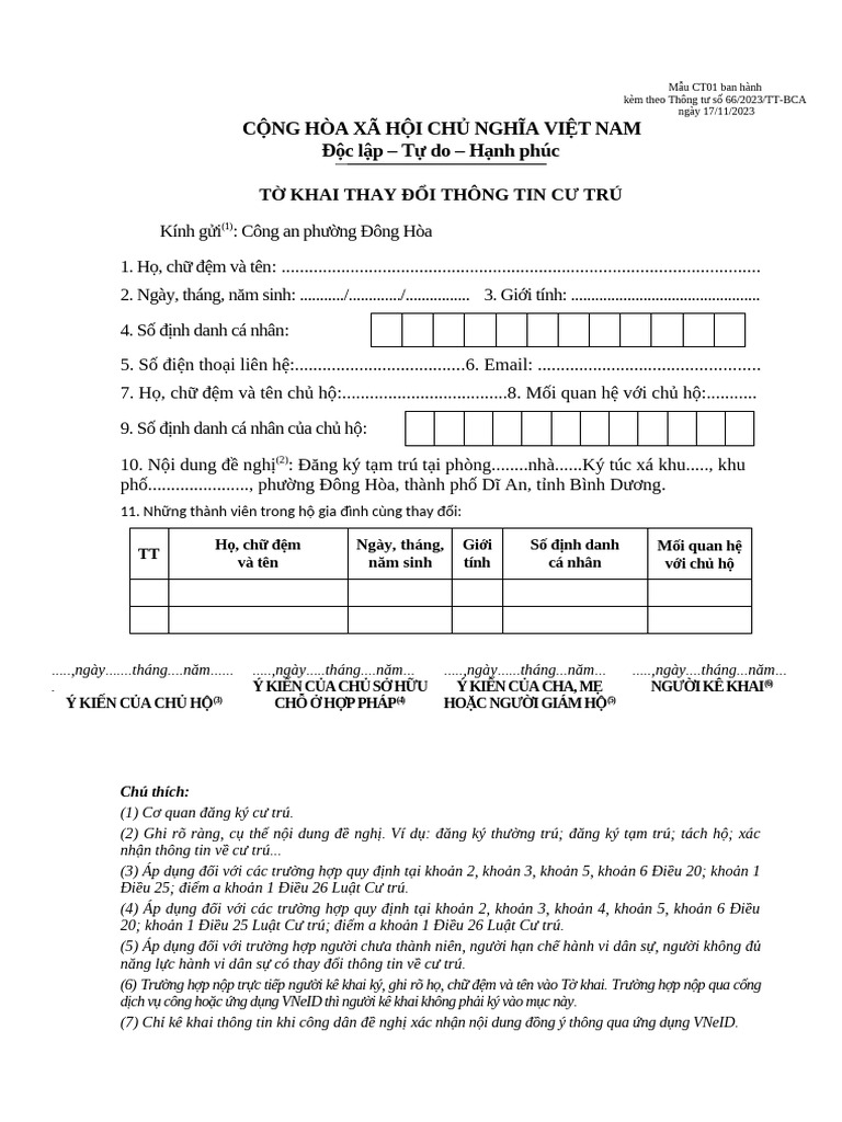 Mới - CT01 Tờ Khai Thay Đổi Thông Tin Cư Trú | PDF