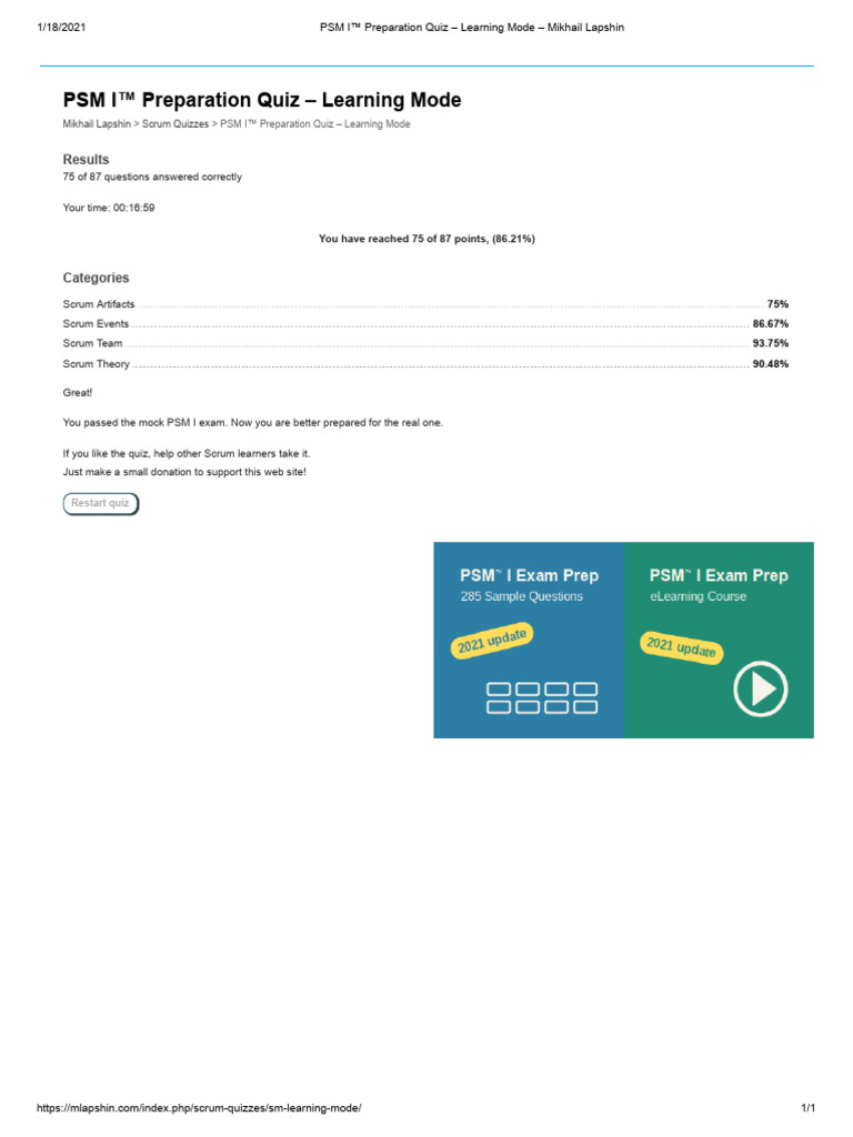PSM I™ Preparation Quiz - Learning Mode - Mikhail Lapshin - Test2 | PDF