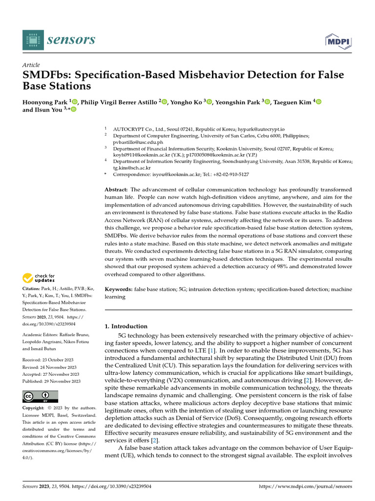 SMDFbs Specification-Based Misbehavior Detection For False Base Stations | PDF | Formal ...