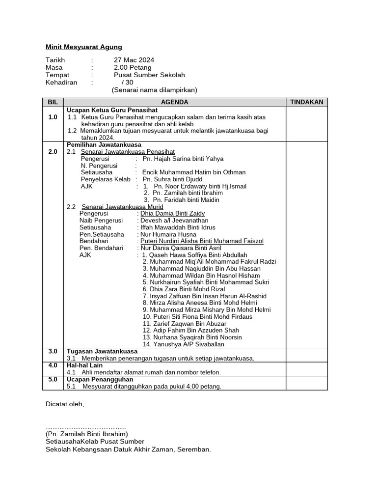 Minit Mesyuarat Agung Kelab | PDF