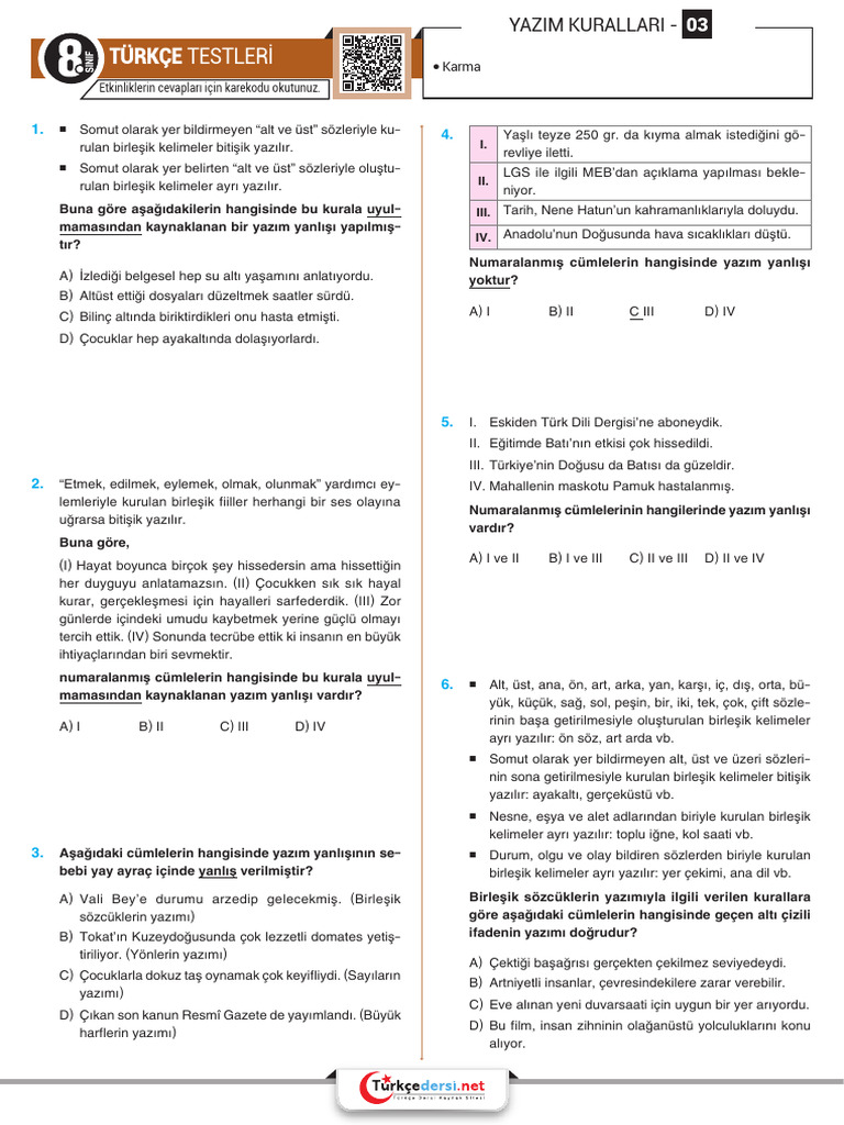 Sinif Indirilebilir Testler 03 Yazim Kurallari Cevapsiz | PDF