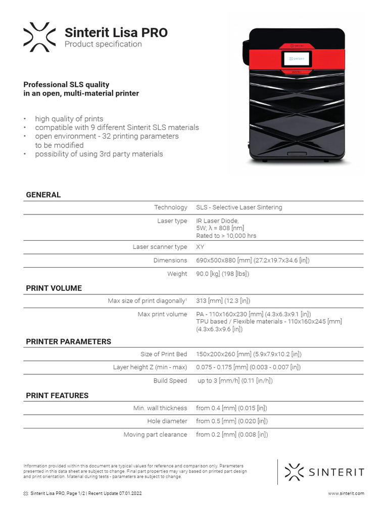 Sinterit Lisa PRO Printer Specifications | PDF