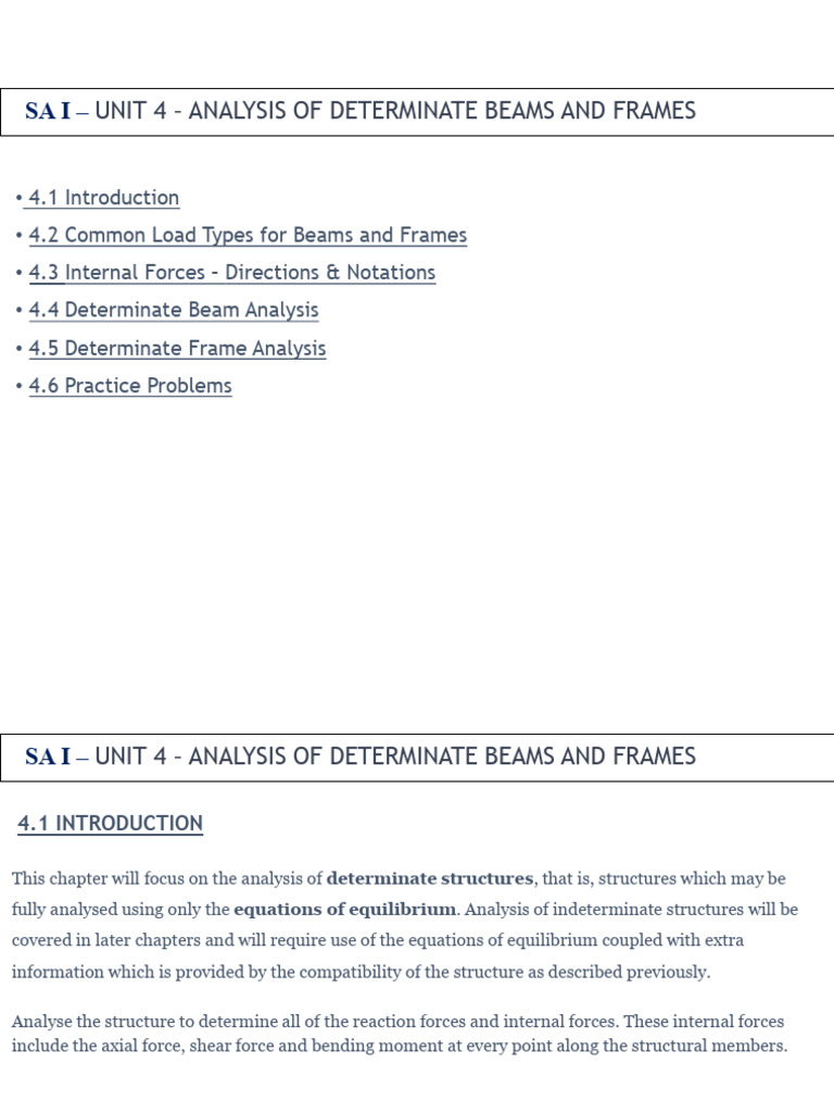 SA1 - Unit 4 Analysis of Statically Determinate Beams & Frames | PDF | Beam (Structure) | Force