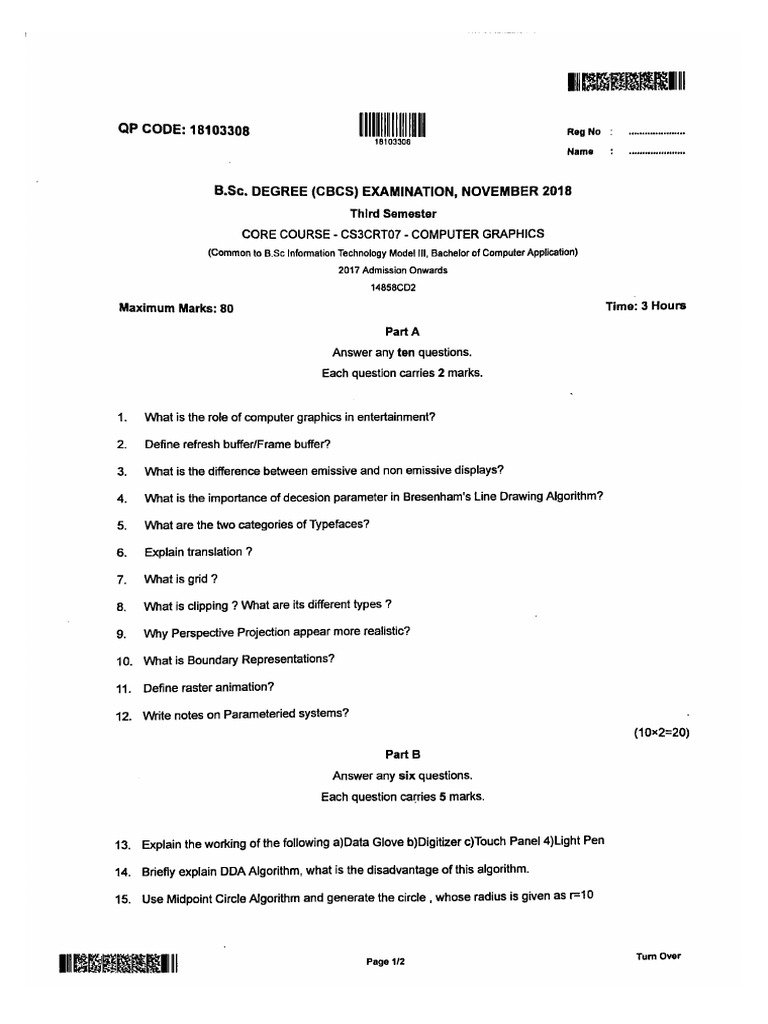 Bsc Bca 3 Sem Computer Graphics 18103308 Nov 2018 | PDF