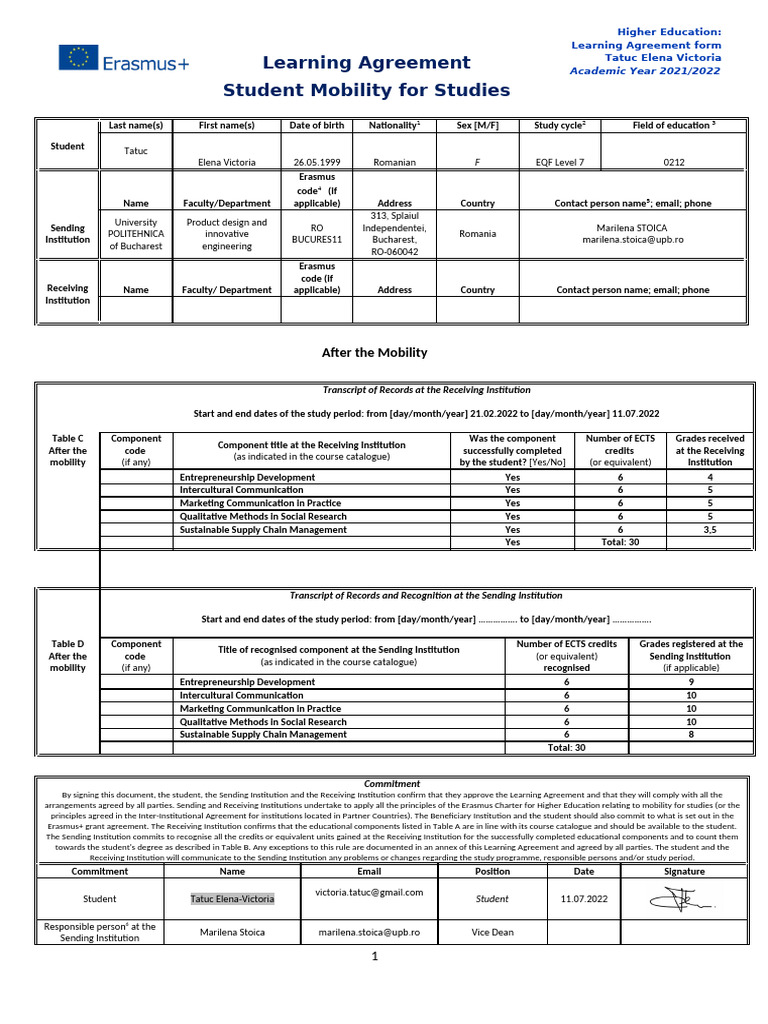 Erasmus Learning Agreement 2021/2022 | PDF | Academic Degree