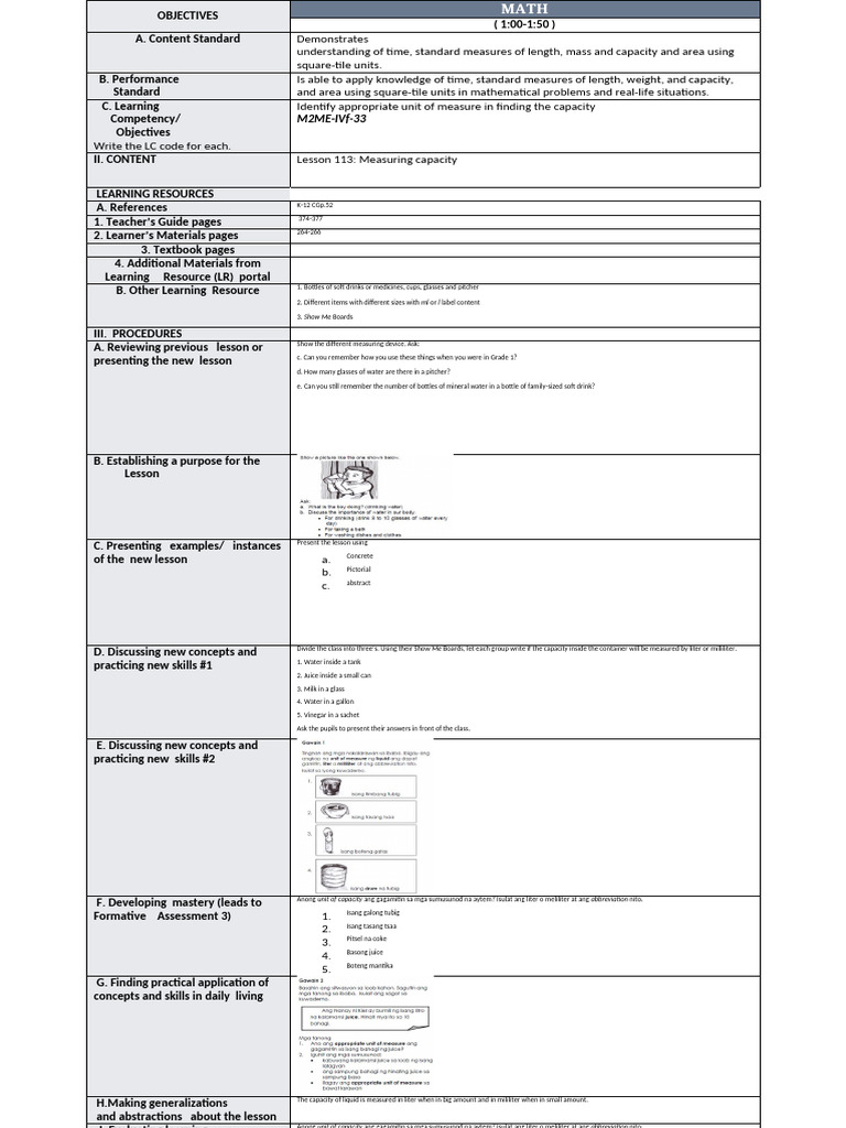 DLL - All Subjects 2 - Q4 - W7 - D1 | PDF | Litre | Cognition