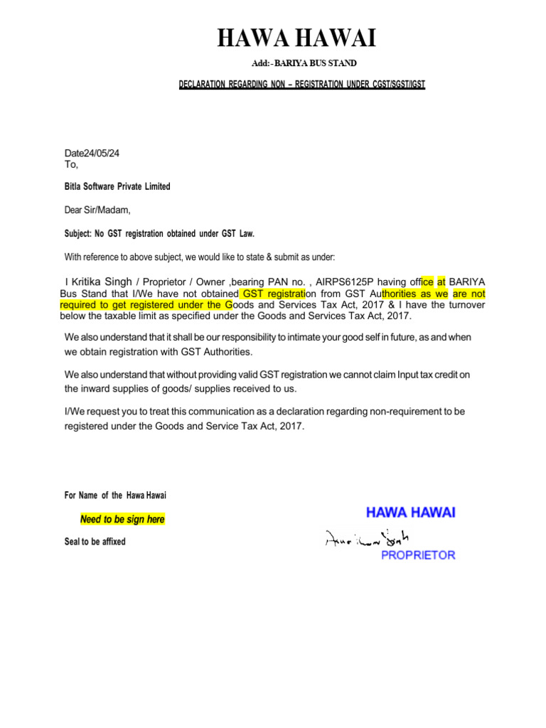 GST Non-Registration Declaration Letter | PDF