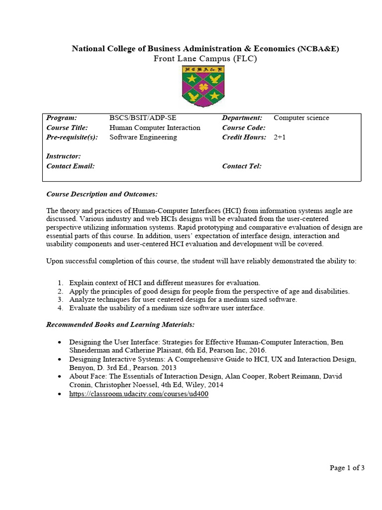 Human Computer Interaction Course Outline | PDF | Human–Computer Interaction | Usability