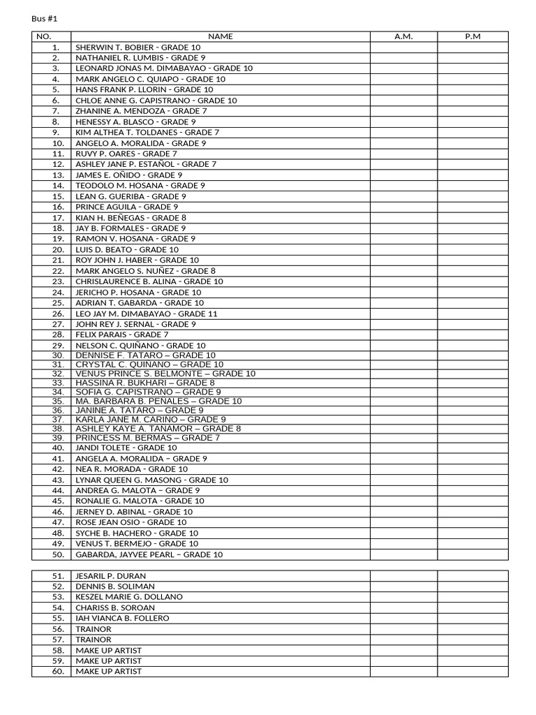 Student Bus Roster by Grade | PDF