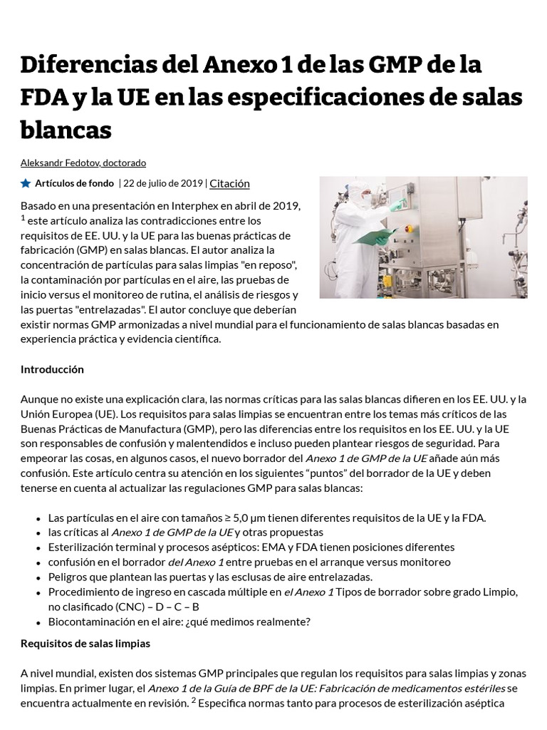 FDA and EU GMP Annex 1 Differences in Cleanroom Specifications - RAPS ...