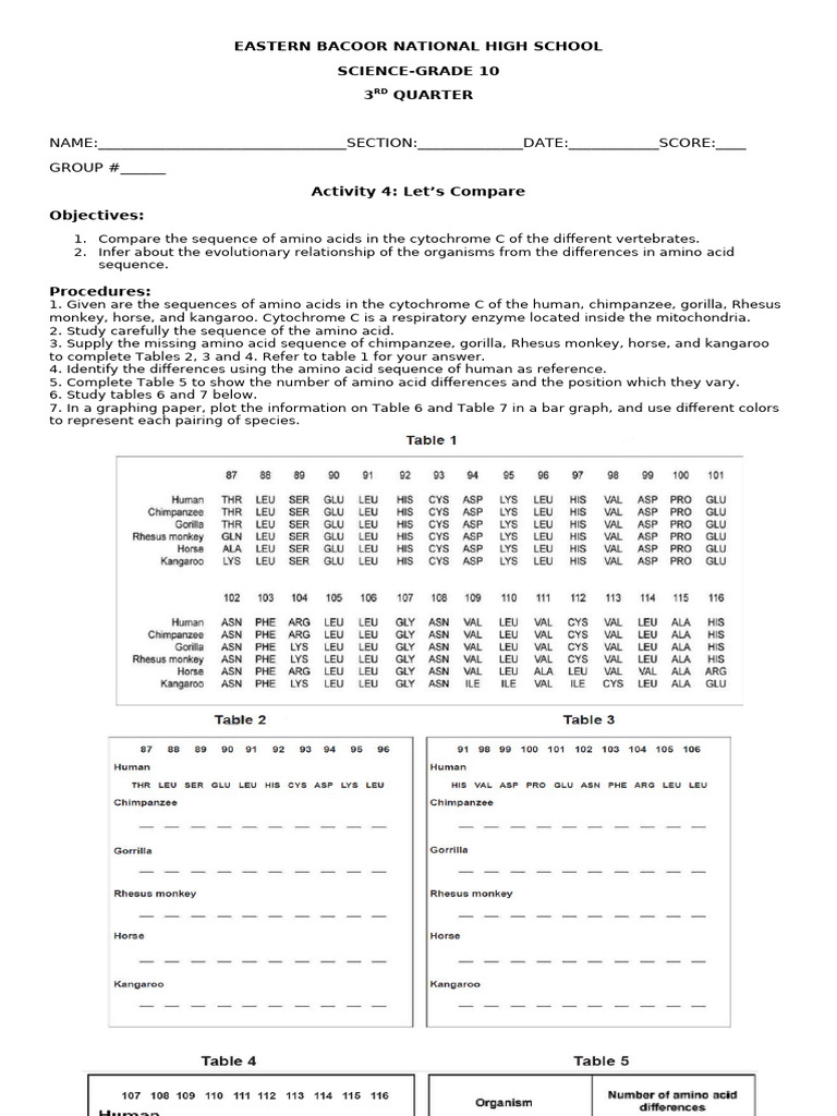 Amino Acid Comparison in Cytochrome C | PDF | Cytochrome C | Genetics