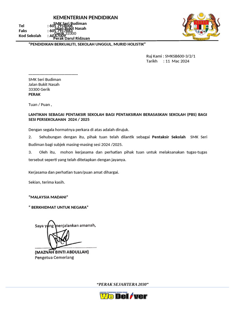 Surat Lantikan Pentaksir Sekolah | PDF