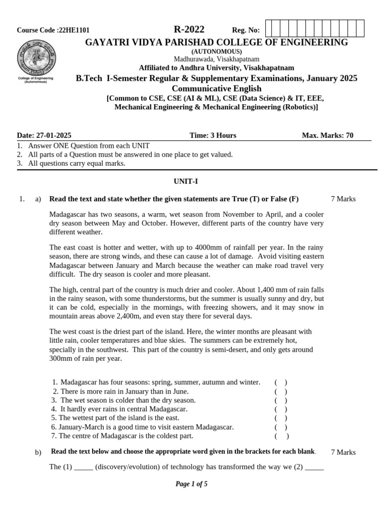 R2022 - 22HE1101 - Communicative English (AU) | PDF | Nobel Prize | Rain