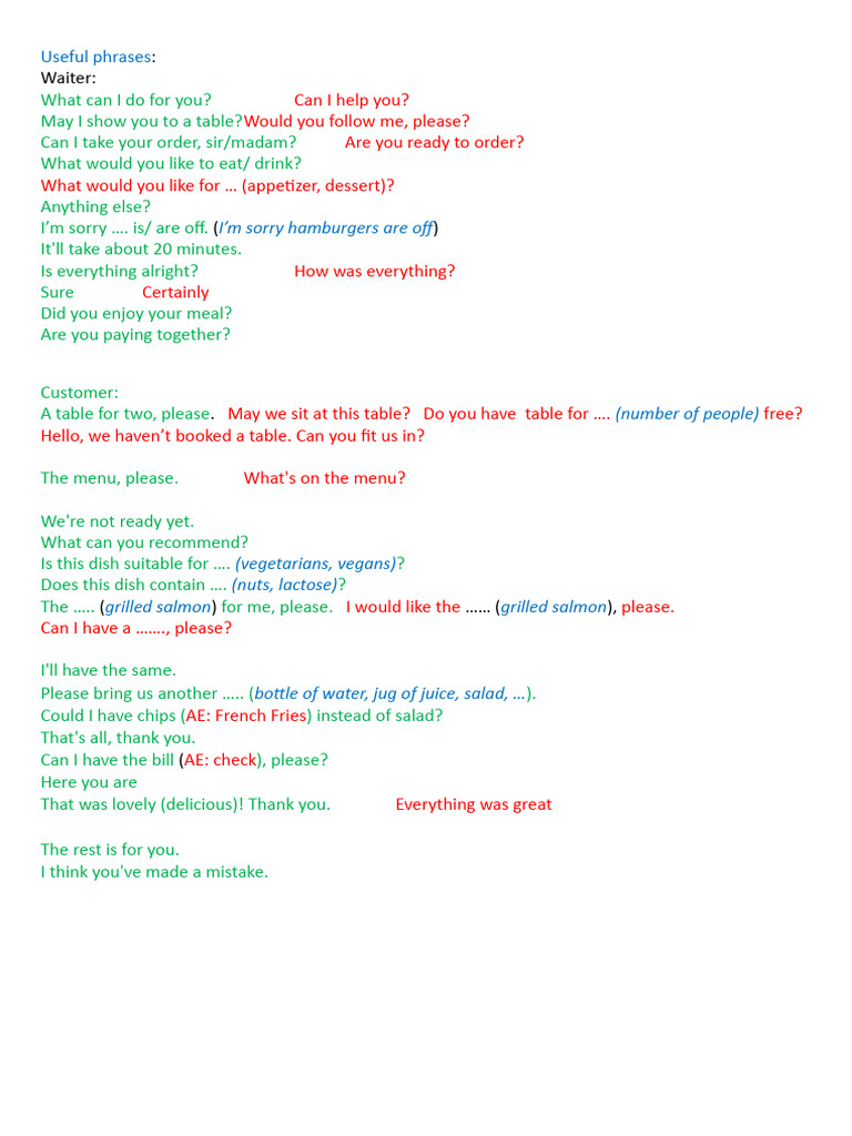 waiter_customer_useful phrases | PDF