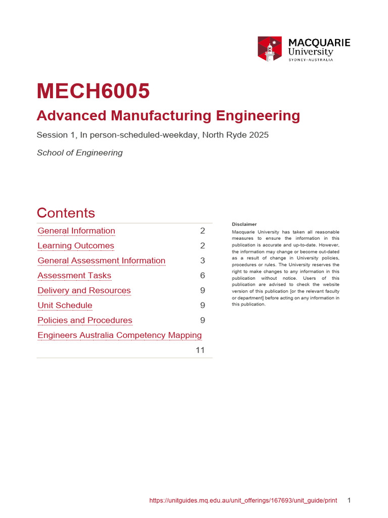 Unit - Guide - MECH6005 - 2025 - Session 1, in Person-Scheduled-Weekday, North Ryde | PDF ...