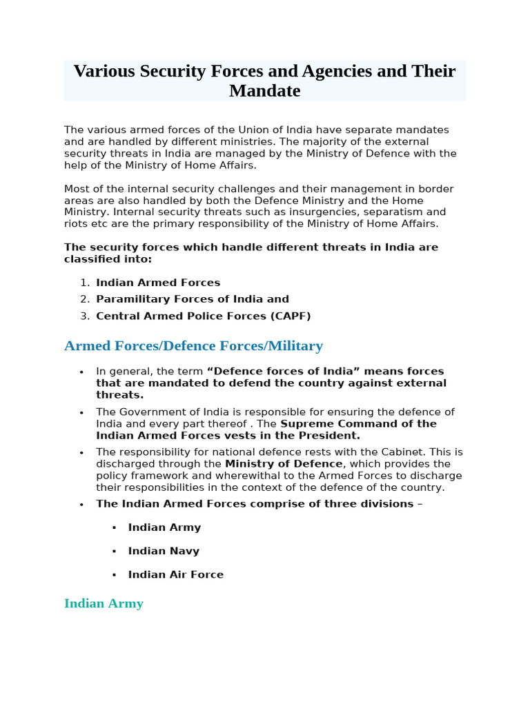 Overview of India's Security Forces and Mandates | PDF | Government Of ...
