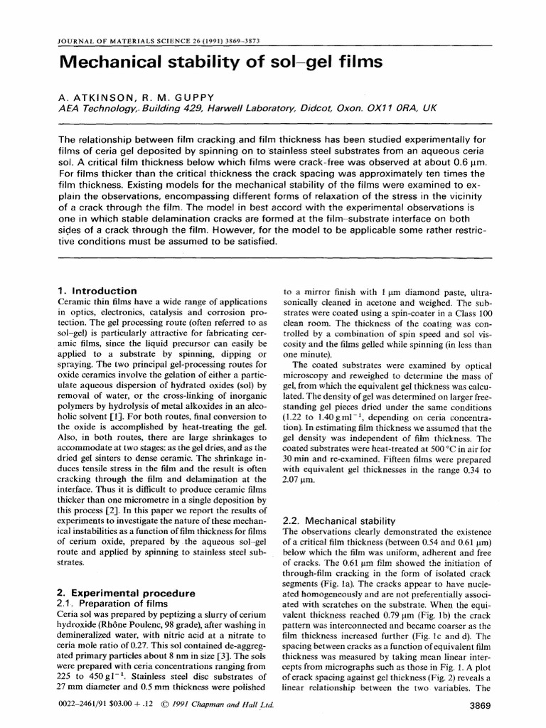 Atkinson - Mechanical stability of sol gel films | PDF | Fracture | Thin Film