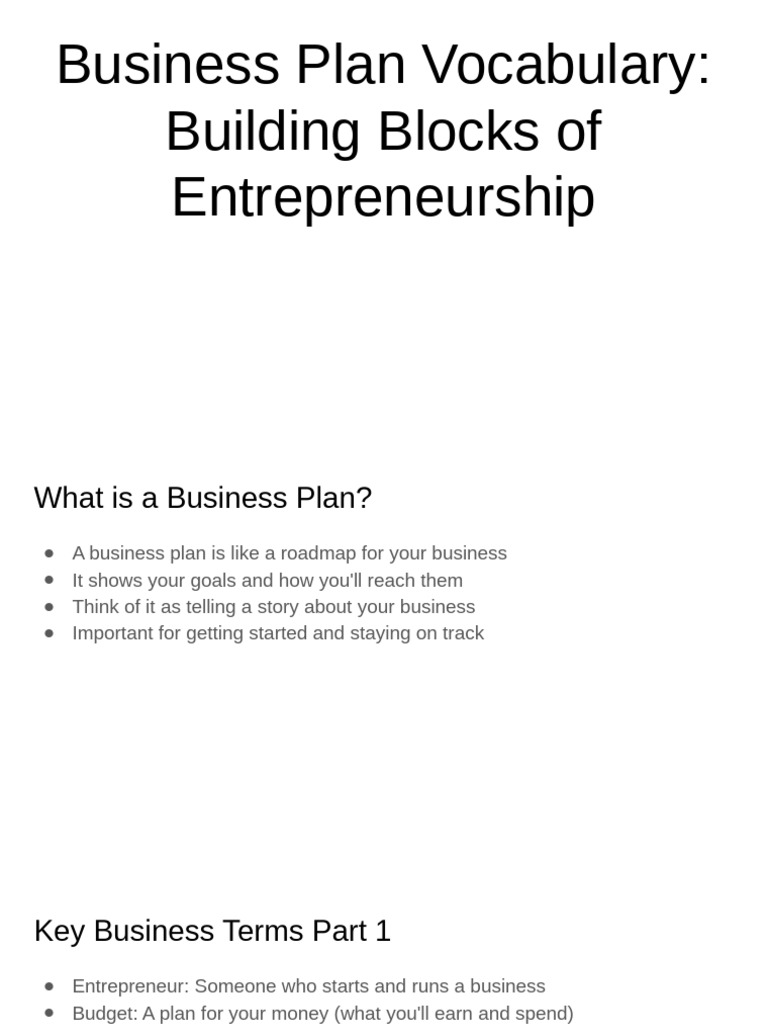 Business Plan Vocabulary - Building Blocks of Entrepreneurship | PDF