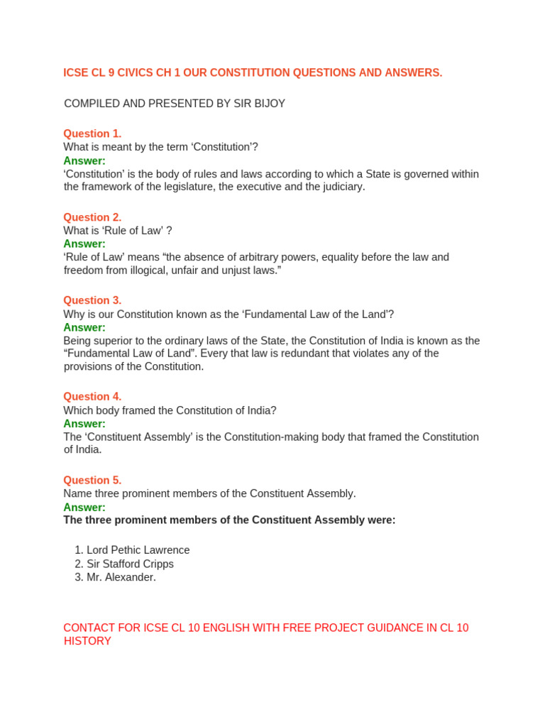 ICSE Class 9 Civics: Constitution Q&A | PDF | Political Science ...