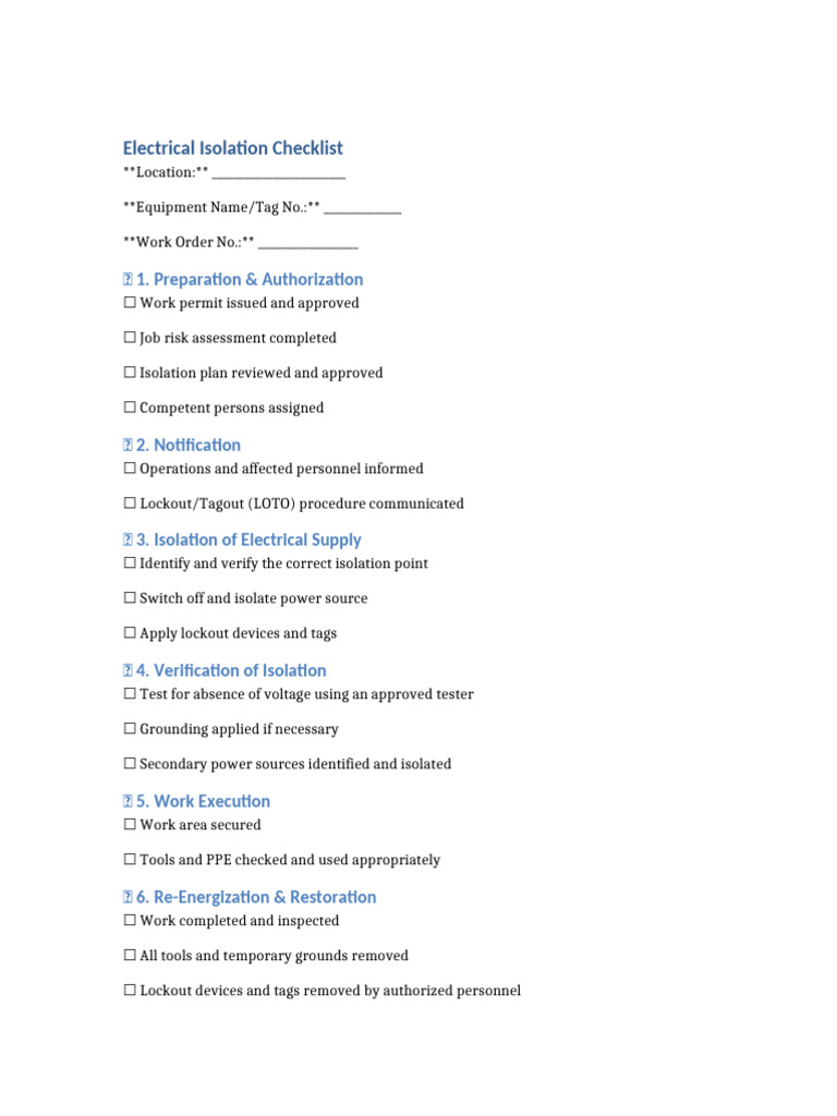 Electrical Isolation Procedure Checklist | PDF