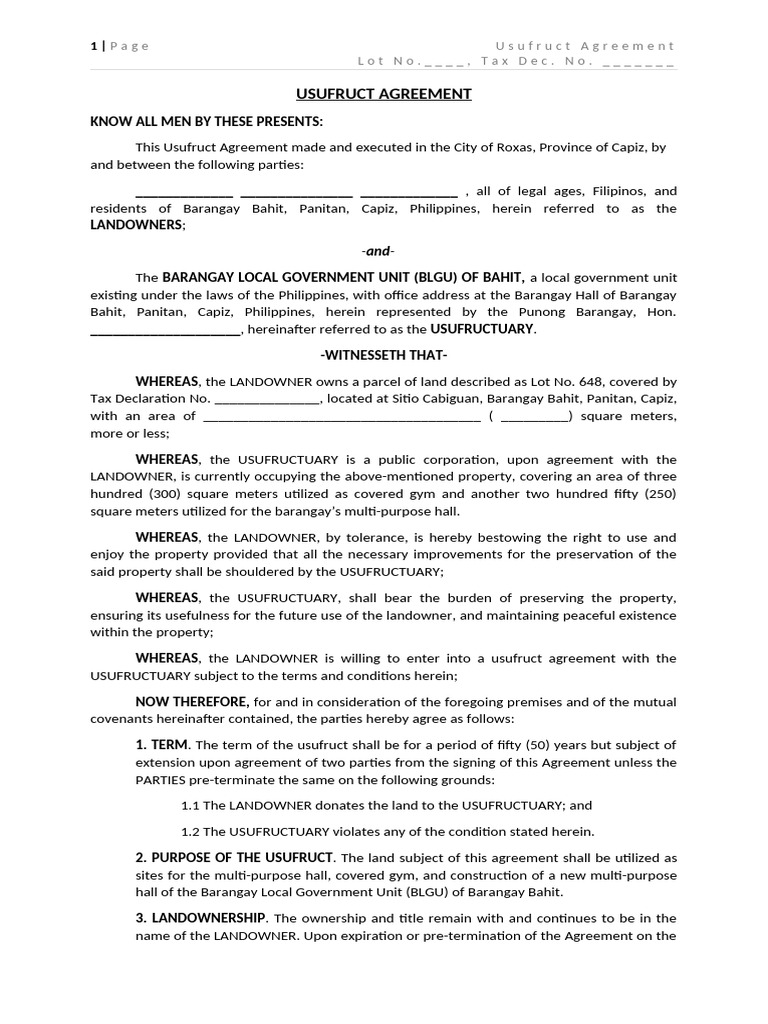 Usufruct Agreement (Brgy. Bahit) | PDF | Private Law | Common Law