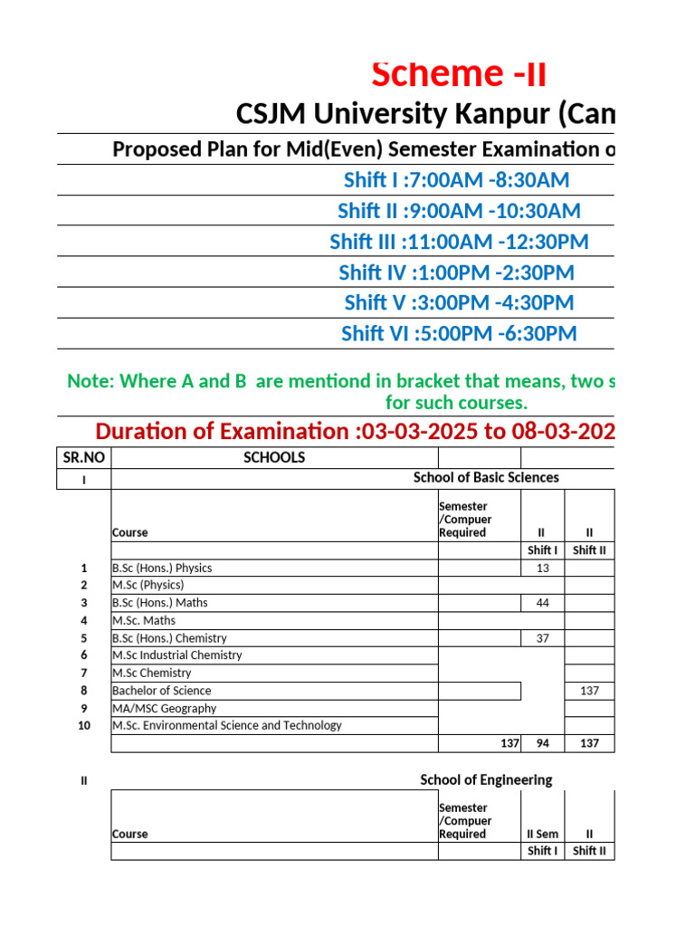 Scheme-II Mid Exam Schedule-Shift _Semester and Student Count Wise on ...