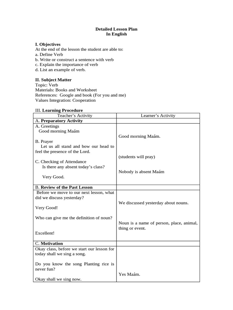 Share Detailed Lesson Plan in English | PDF | English Language ...