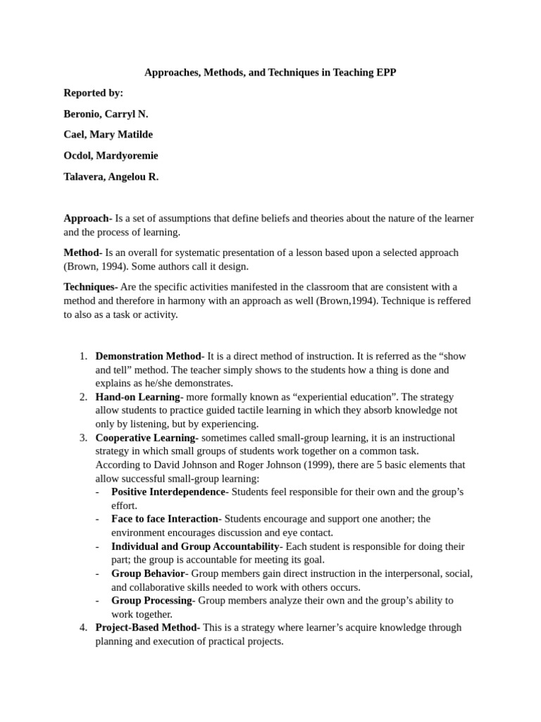 Approaches, Methods, and Techniques in Teaching EPP | PDF | Learning | Procedural Knowledge