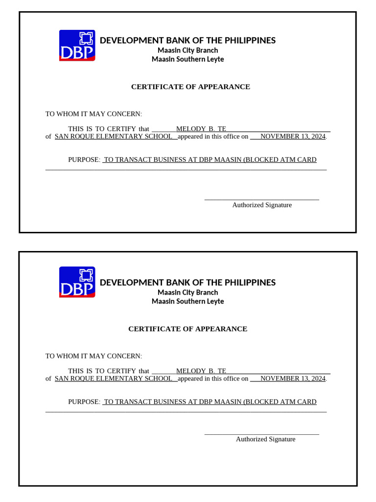 DBP Certificate of Appearance Sample | PDF