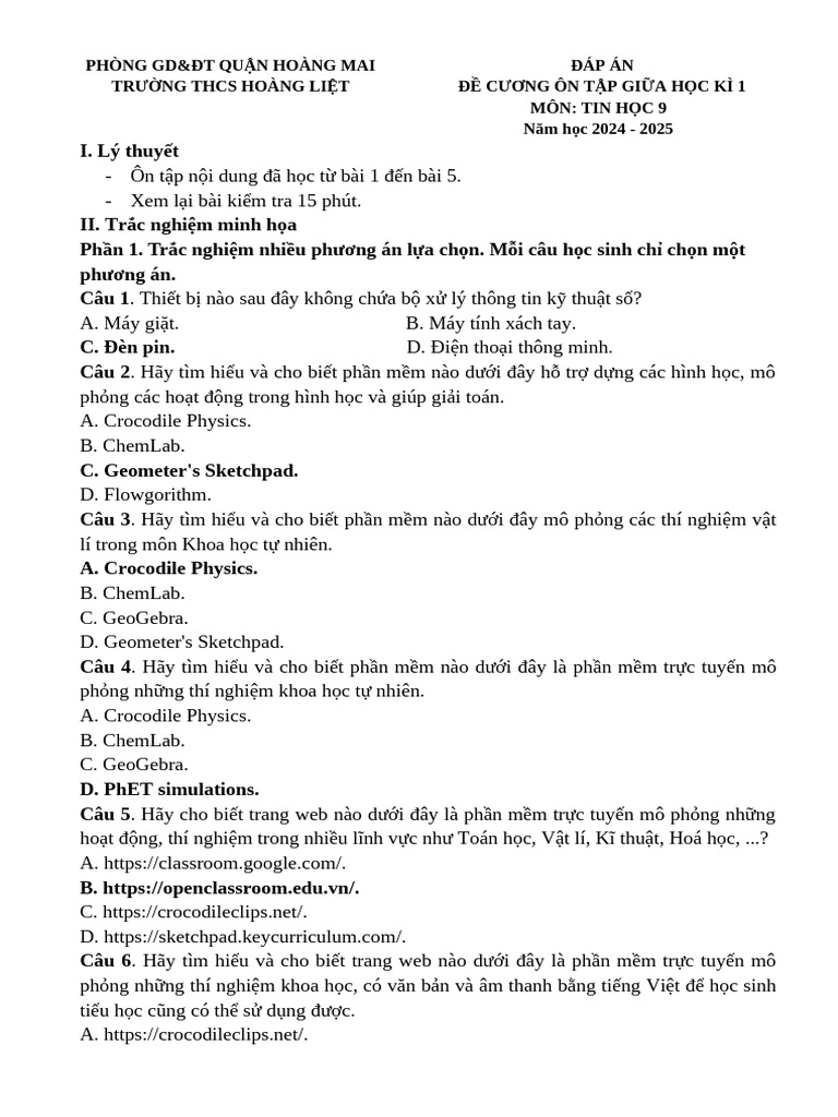 Tin 9 - Dap An de Cuong Gki | PDF