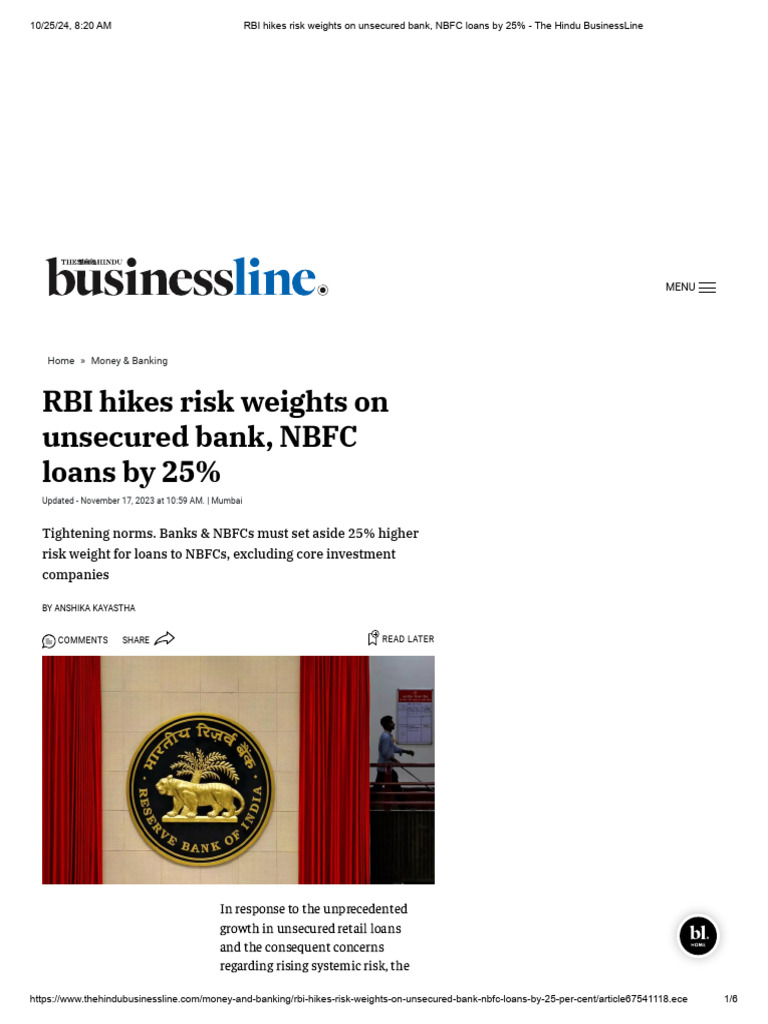 RBI Hikes Risk Weights On Unsecured Bank, NBFC Loans by 25% - The Hindu ...