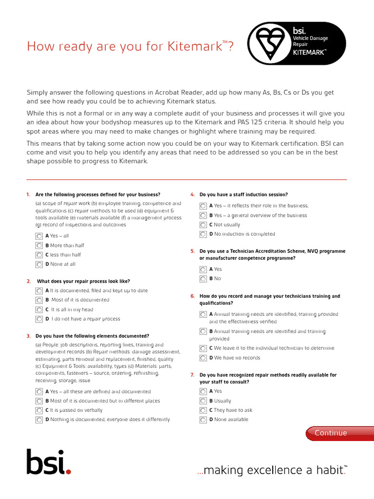 BSI Kitemark Self Checklist Vehicle Damage Repair | PDF