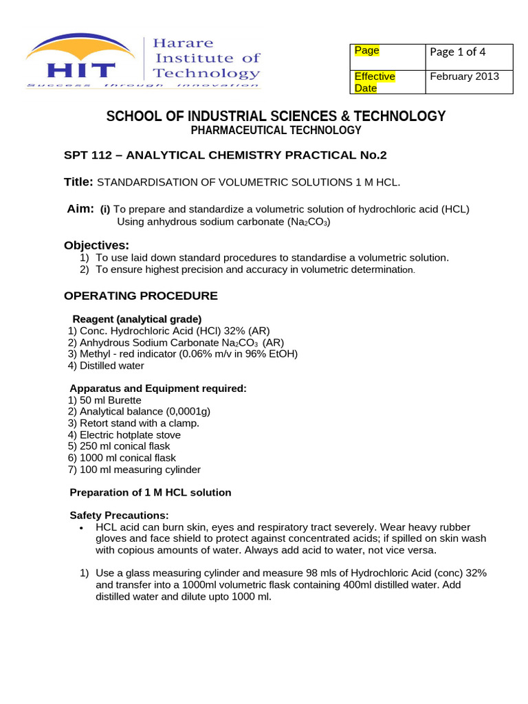 2020 - Standardisation of 1 M HCL | PDF | Titration | Chemistry