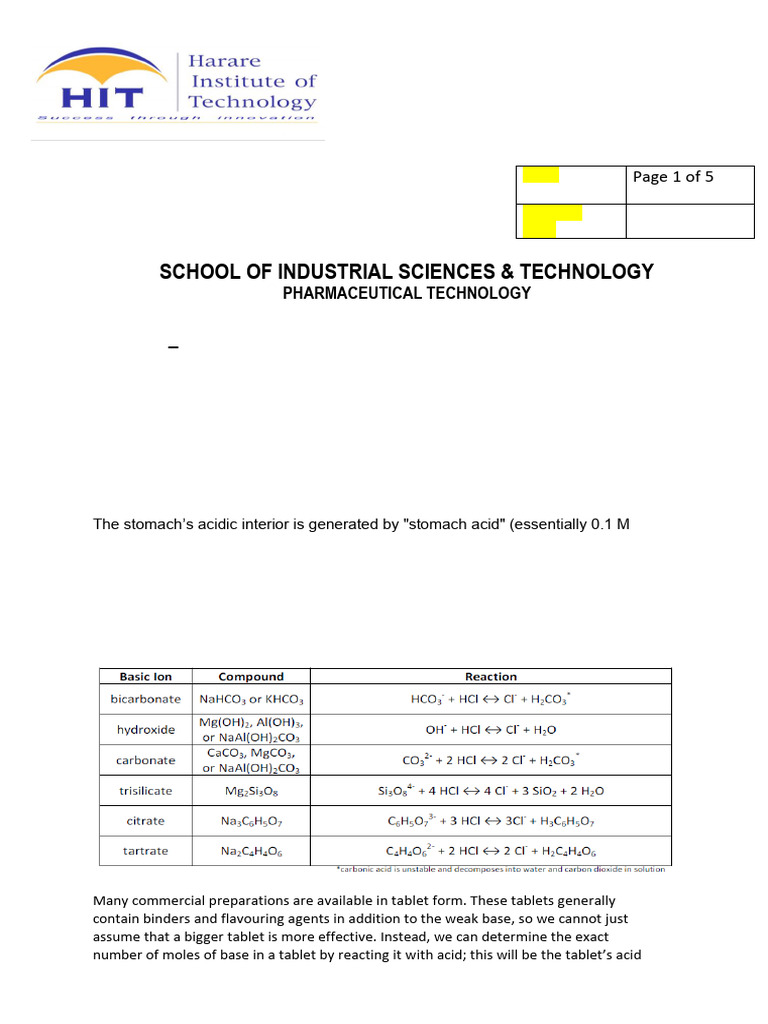 2021 - Antacid Titration - Analytical Chemistry Practicals | PDF | Acid ...